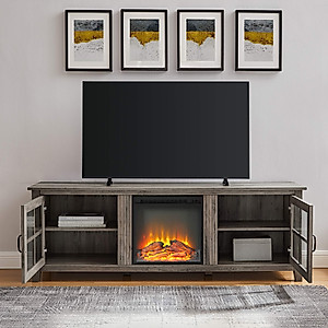 Walker Edison Bern Classic 2 Glass Door Fireplace TV Stand for TVs up to 80 Inches, 70 Inch, Grey Wash
