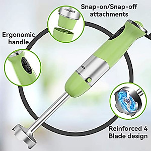 Immersion Blender Handheld 5 in 1 Hand Blender, 800W Hand Mixer Stick, BPA-Free 12 Speed and Turbo Mode Handheld Blender 304 Stainless Steel, With 20 oz Mixing Beaker, 17 oz Chopper, Whisk and Milk Frother for Soup, Smoothies, Baby Food, Sauce, Abuler (Gr