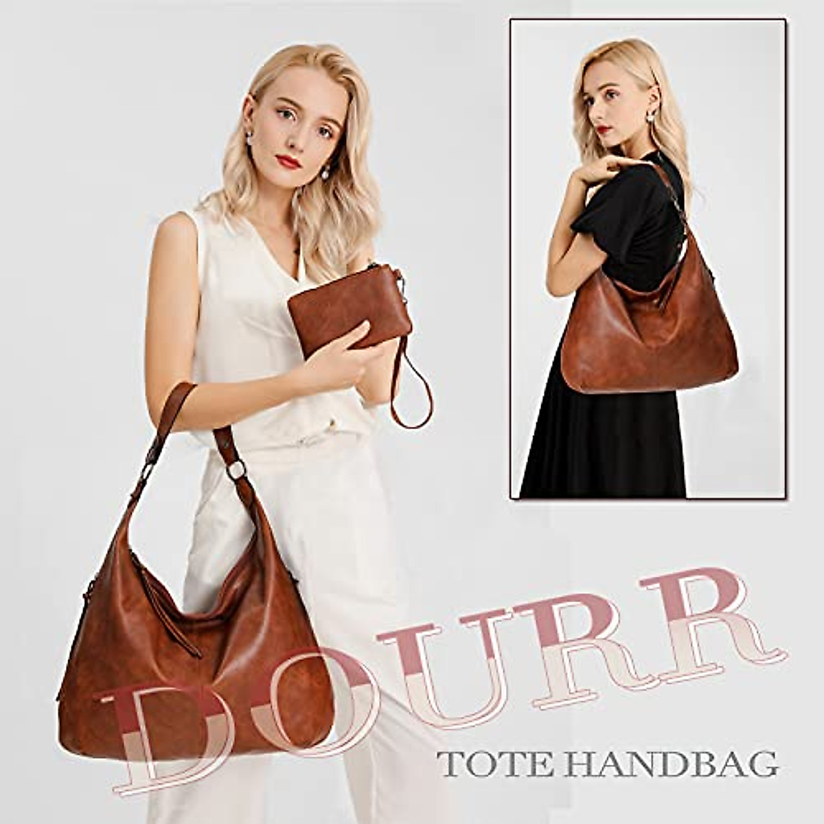 DOURR Hobo Bags for Women Faux Leather Hobo Handbags Ladies Shoulder Tote Bag Everyday Purse (Black - 2pcs)