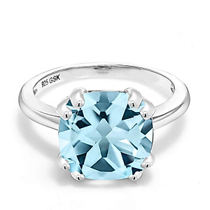 Gem Stone King 925 Sterling Silver Sky Blue Topaz Engagement Ring | Double Prong Ring for Women | 4.25 Cttw | Cushion Cut 10MM | Gemstone Birthstone | Available in size 5, 6, 7, 8, 9
