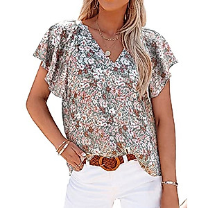 BTFBM Women Casual Boho Floral Blouse Shirts V Neck Long Puff Sleeve Lightweight Chiffon 2023 Fashion Summer Fall Tops(Short Floral Multicolor, Medium)