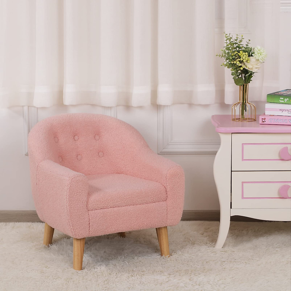 Small Toddler Sofa Chair/Kids Sofa Chair/Velvet Upholstered Kids Sofa Couch/Big Kids Couch with Wooden Legs for Children Gift (Pink)