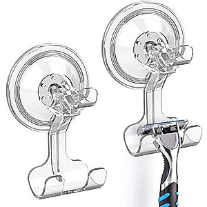 LUXEAR Suction Hooks, 2 Pack Razor Hooks Removable & Reusable Suction Shower Hook Waterproof Powerful Vacuum Suction Hanger for Towel Bathrobe Loofah Bathroom Kitchen Storage Hooks Weather Hanger Hook