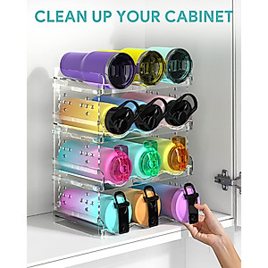 Areforic Water Bottle Organizer - 4 Pack Stackable Cup Organizer for Cabinet, Countertop, Pantry and Fridge, Free-Standing Tumbler Kitchen Storage Holder for Wine and Drink Bottles, Clear Plastic