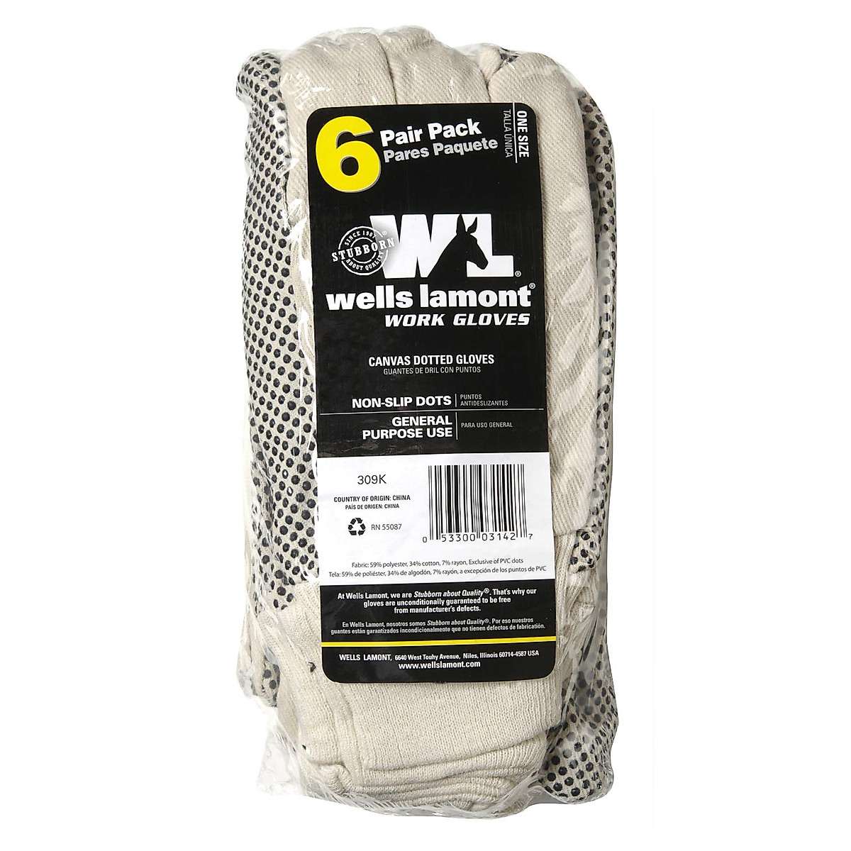 Wells Lamont Canvas Work Gloves, Economy Dotted, 6 Pair Pack (309K) , White