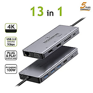 Tecnoware Hub USB Type-C, 13 in 1 Adapter, Compatible with MacBook, Notebook, iPad, Windows, Huawei ecc. 13 Ports: USB 2.0/3.0, USB Type-C, Ethernet, HDMI 4K, Card Slot SDXC, Micro SD, Jack Audio.