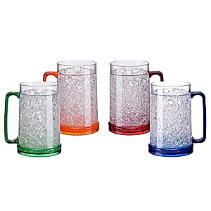 EASICOZI Double Wall Gel Frosty Freezer Ice Mugs Clear 16oz Set of 4 (Blue, Red, Orange and Green)