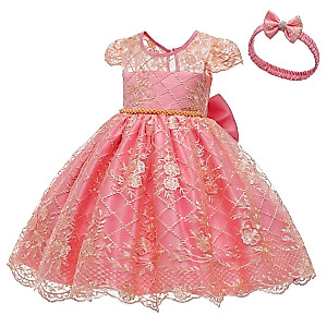MYRISAM Baby Girls Birthday Wedding Party Dresses w/Headwear Princess Embroidery Bowknot Dress Christening Baptism Tutu Gown Pink 12-18M