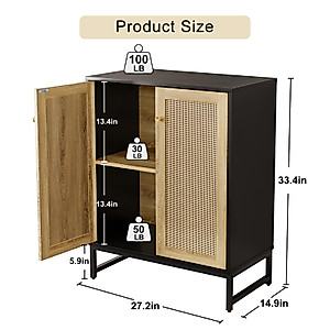 Kopuity Sideboard Buffet Cabinet, Storage Cabinet with Double Rattan Doors, Modern Rattan Sideboard Cabinet, Kitchen Storage Cabinet with Metal Feet, for Entryway, Bedroom, Living Room (Black)