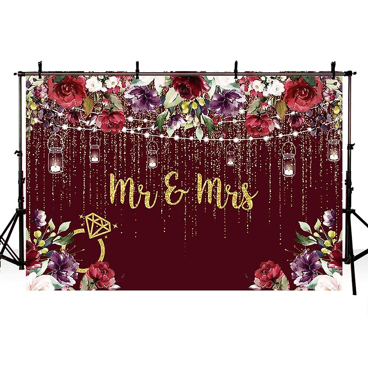 SENDY 7x5ft Burgundy Floral Mr & Mrs Backdrop Engagement Party Decorations for Couples Wedding Bride and Groom Engaged Ceremony Anniversary Bridal Shower Banner Gold Photography Background Photo Props