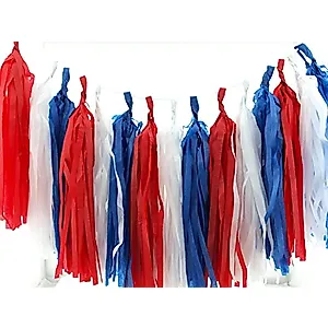 4th of July Party Garland, Red, White & Blue Paper Streamers (Set of 15) - Independence Day Party Supplies, USA Party Props, Patriotic Paper Flower Garland, Military Party Decorations