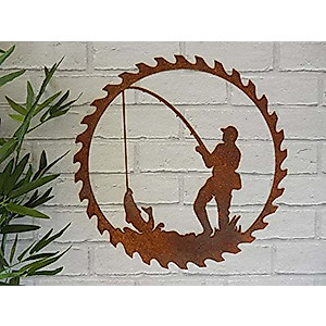 JINDENG Father's Day Unique Gift Metal Art Fishing Wall Decor, 3D Metal Wall Art Rusty Father and Son Daughter Fishing Round Hanging Decor Crafts - Home Garden Decoration (C)