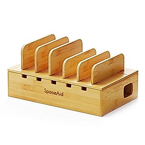 SpaceAid Bamboo Charging Station for Multiple Devices, Cell Phone Docking Stations for Multi Laptop, Tablets and iPads, Nightstand Bedside Desk Device Charger Organizer (Natural)