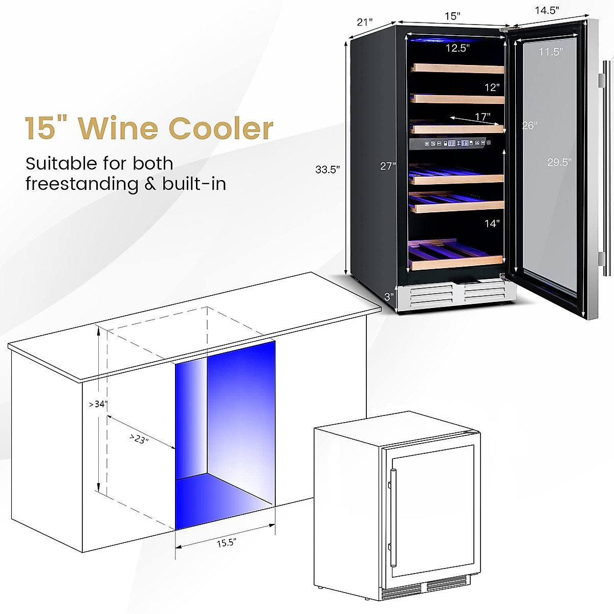ORALNER 15“ Dual Zone Wine Cooler Refrigerator, 30-Bottle Built-in Beverage Wine Fridge w/Removable Wooden Shelves, Lockable Glass Door, Blue LED Interior Lights, Drink Wine Cellar for Kitchen Bar