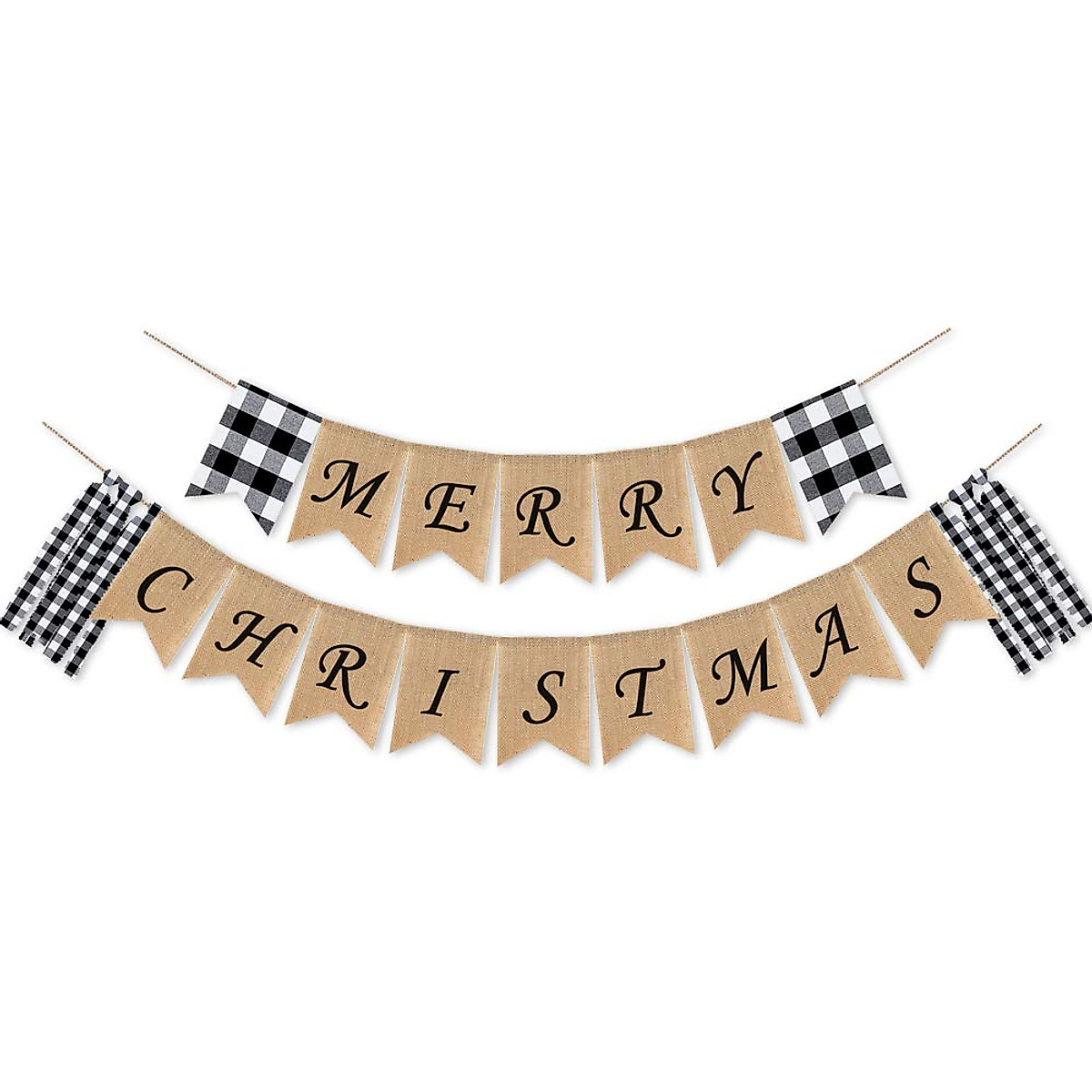 SWYOUN Burlap Merry Christmas Banner Buffalo Check Plaid Black and White Gingham Mantel Fireplace Garland Decoration