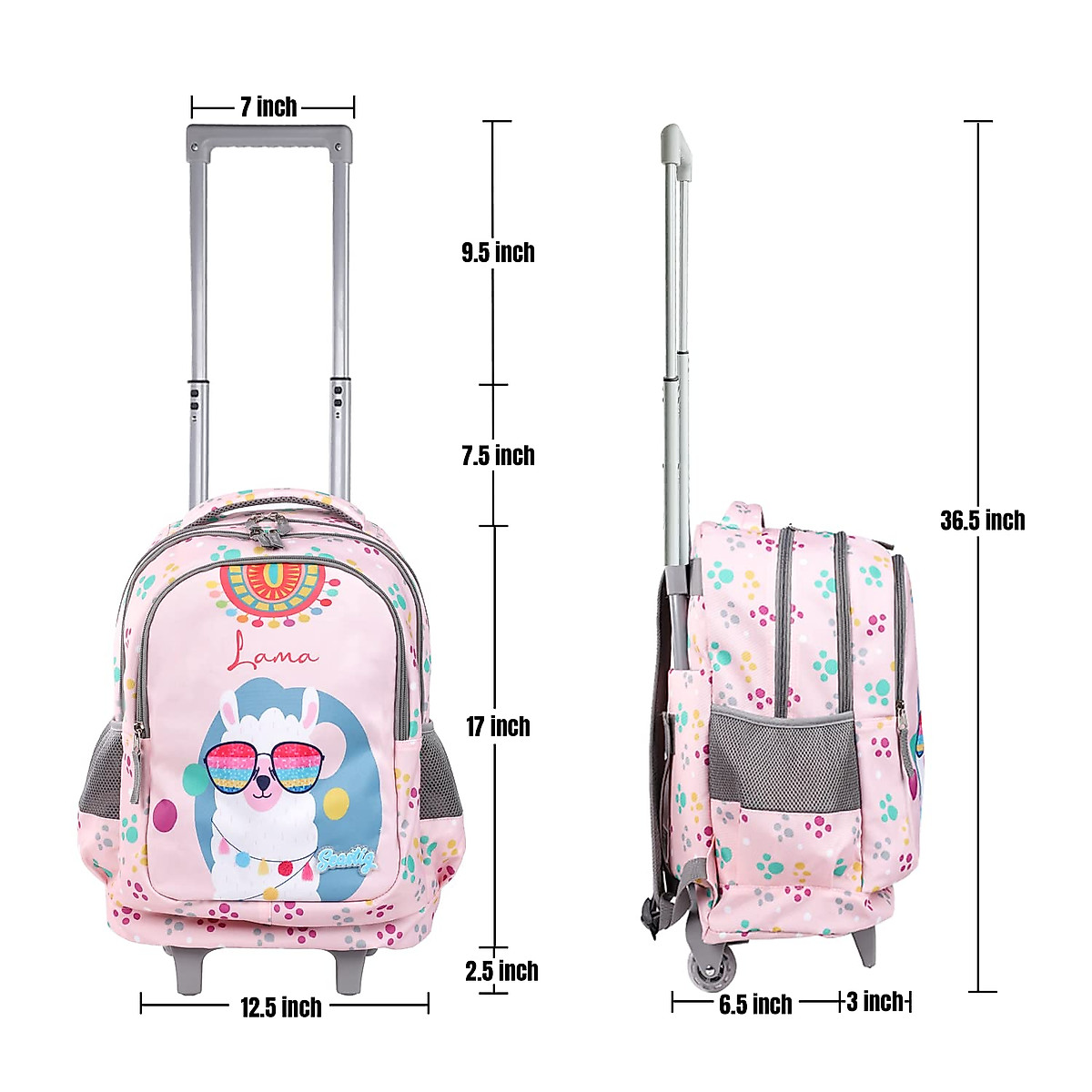seastig Rolling Backpack 18in Double Handle Backpack Kids Wheeled Backpack Roller Backpack with Lunch Bag Set Girls Boys, Alpaca with Sunglasses