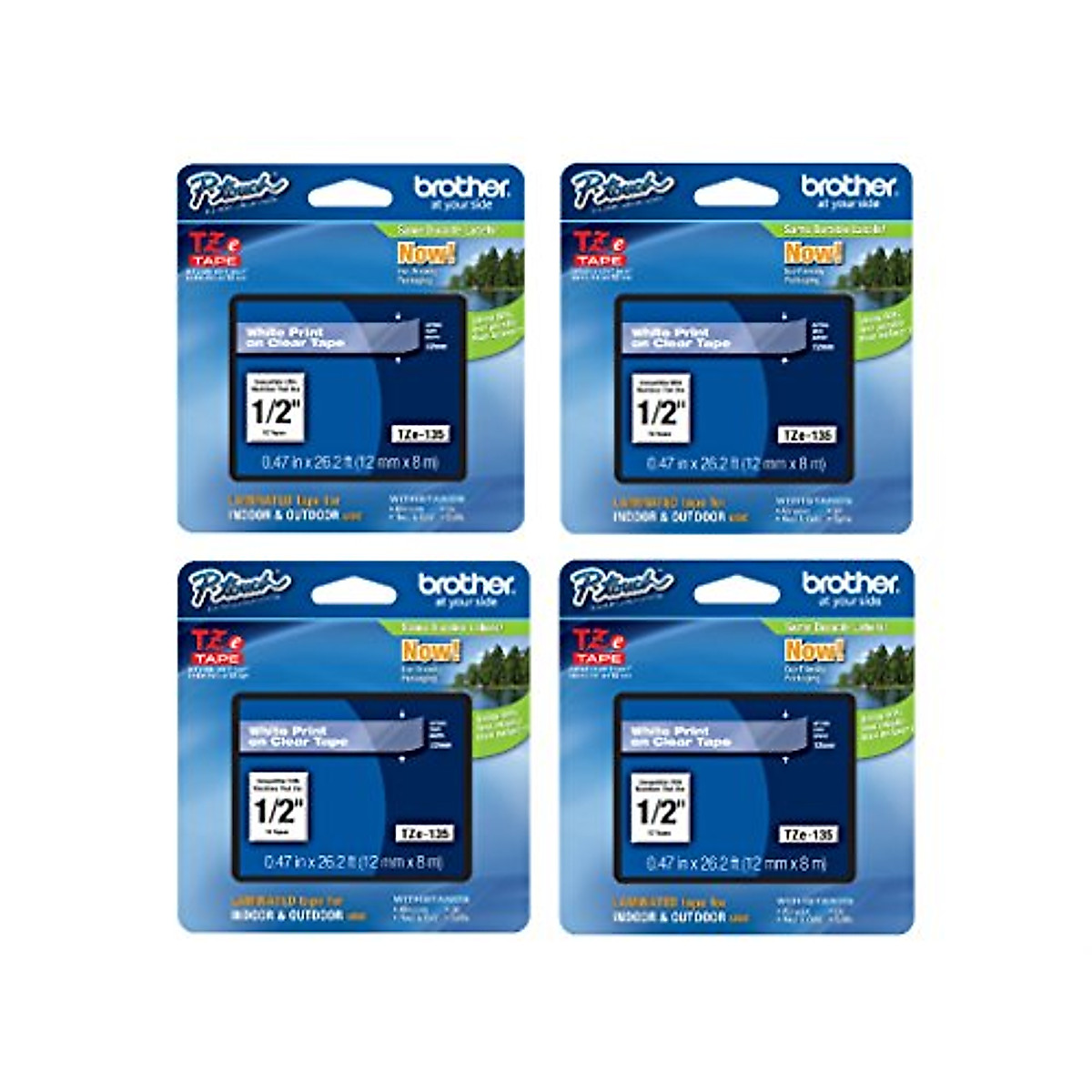 Brother Genuine TZe-135 1/2" White on Clear Standard Laminated Tape for P-Touch Labeler, 4 Pack