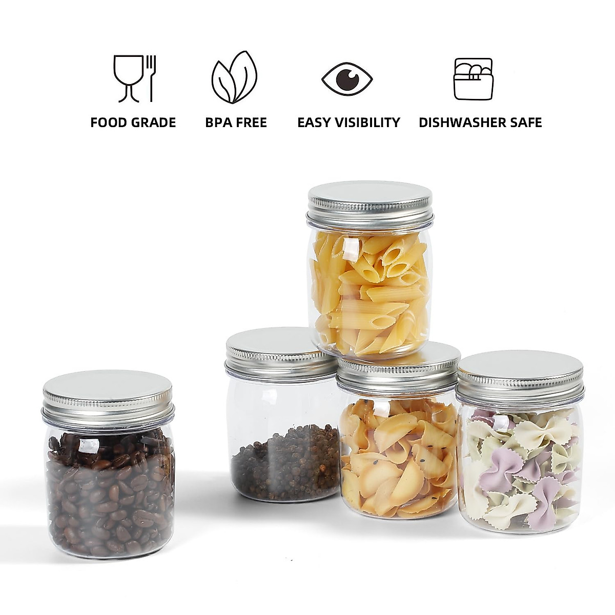 OMNISAFE 8 Ounce Clear Plastic Mason Jars With Screw On Lid, Reusable Empty Jars for Food Storage, Round BPA Free Containers for Sealing, Dry Food, Snacks, Candies, Breakage-proof, (Silver - 32 Pack)