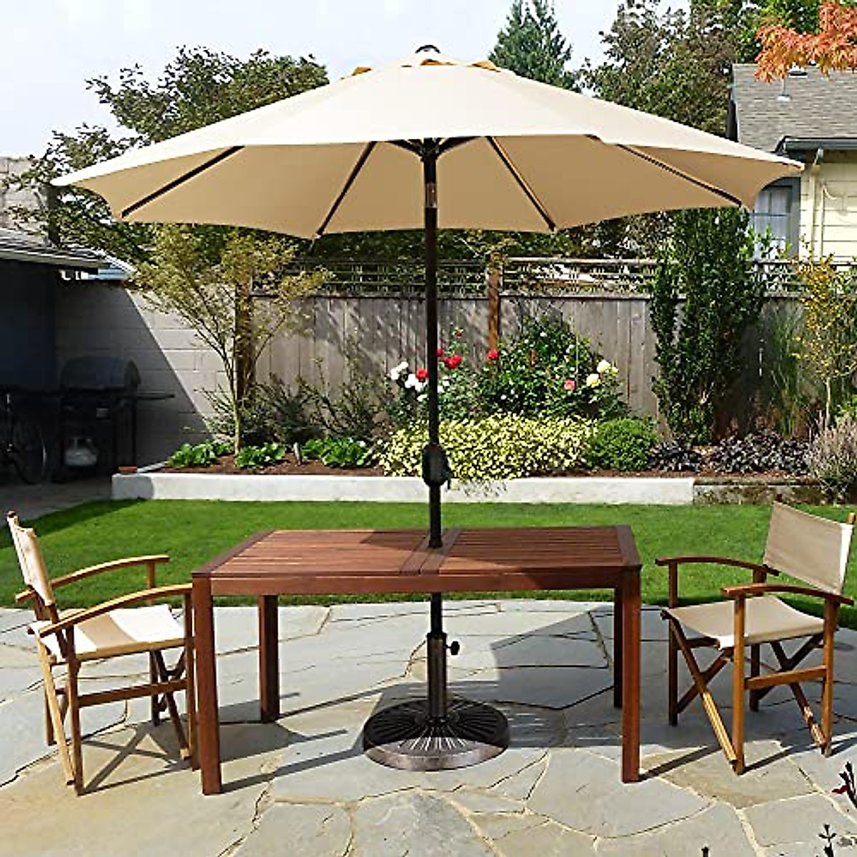 Yaheetech 9FT Garden Table Umbrella with 30lb Base, Patio Market Umbrella with Push Button Tilt, Crank and 8 Sturdy Ribs, Outdoor Umbrella w/Base Included Heavy Duty - Tan