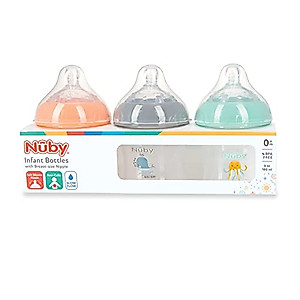 Nuby 3-Pack Infant Feeding Bottles with Slow Flow Breast Size Silicone Nipple: 0+ Months, 6oz, 3 Pack Set: Delicate Whale, Jellyfish, Turtle Prints