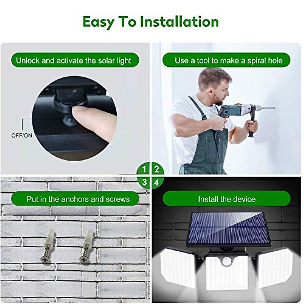 Ambaret Security Solar Lights Outdoor, 3 Head Motion Sensor Detected Lights Adjustable 230 LED 1200LM Flood Lights Outdoor Spotlights 360° Rotatable IP65 Waterproof for Yard Garden Garage Patio