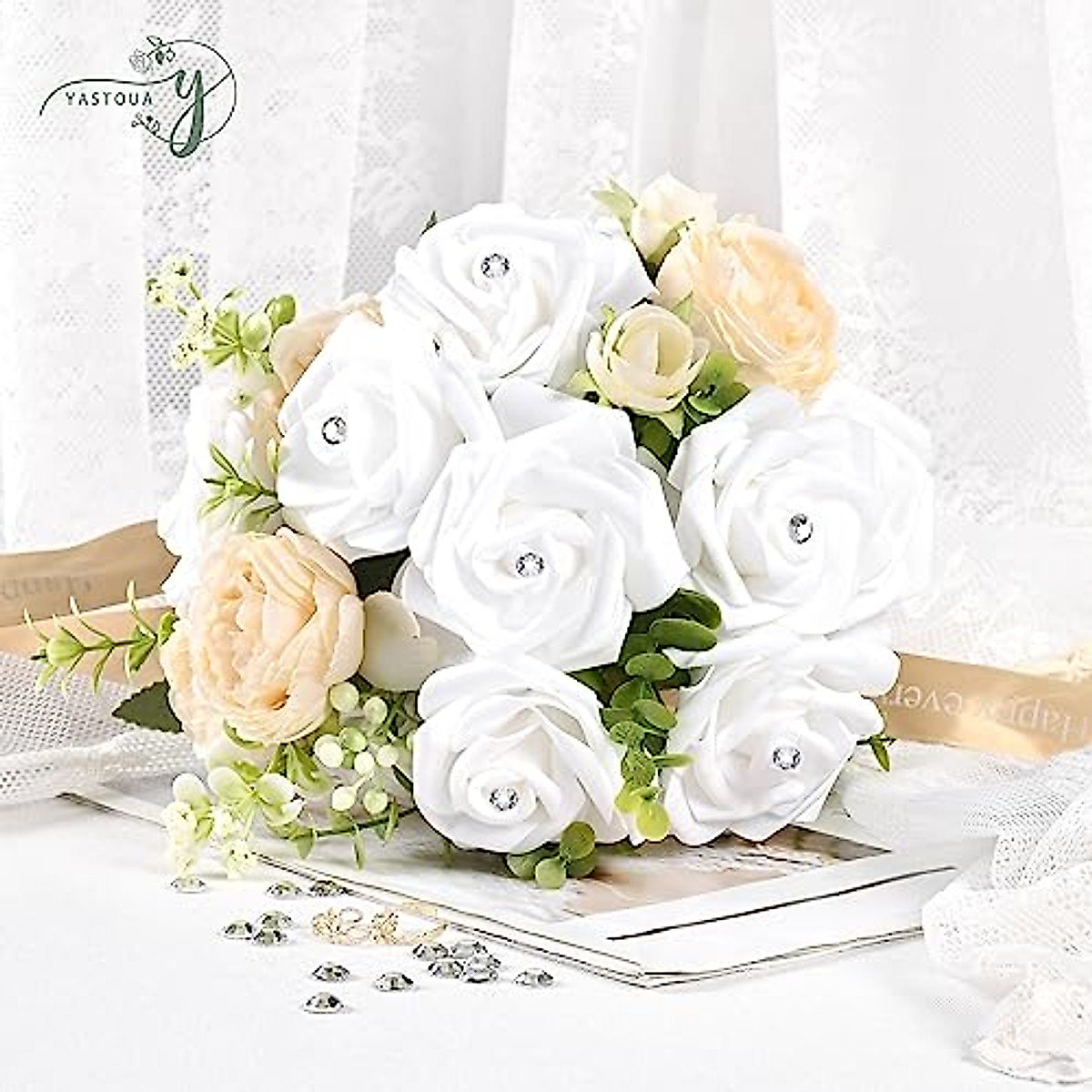 Yastouay 110Pcs 3.5inch Foam Rose Heads White Artificial Flowers Bulk Foam Roses Stemless Fake Rose Heads for DIY, Baby Shower Cake Decor Home Wedding Decoration