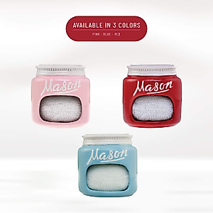 Red Ceramic Mason Jar Kitchen Sponge Holder – Farmhouse Kitchen Decor Sponge Caddy - Kitchen Sink Organizer Ceramic Sponge Holder - Kitchen Organizer Retro Decor for Cute Kitchen Accessories (Red)