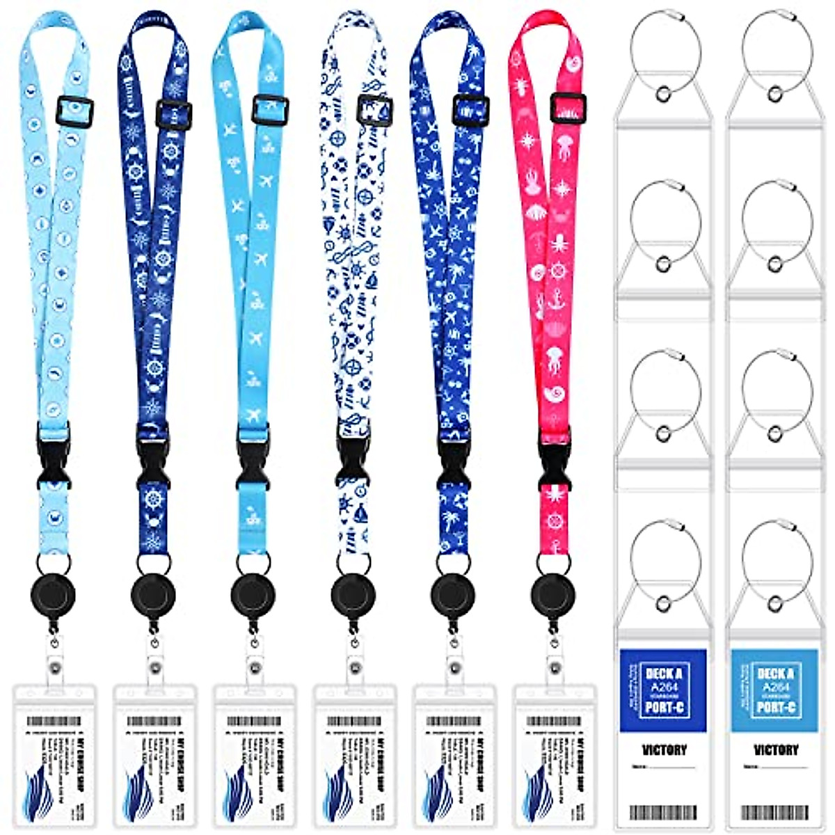 6 Sets Cruise Lanyards, Retractable Carnival Cruise Lanyard with 8 Waterproof Luggage Tag Holders Set, Adjustable Cruise Lanyard with Detachable Badge Holder for Cards Accessories (Vibrant Sailing)