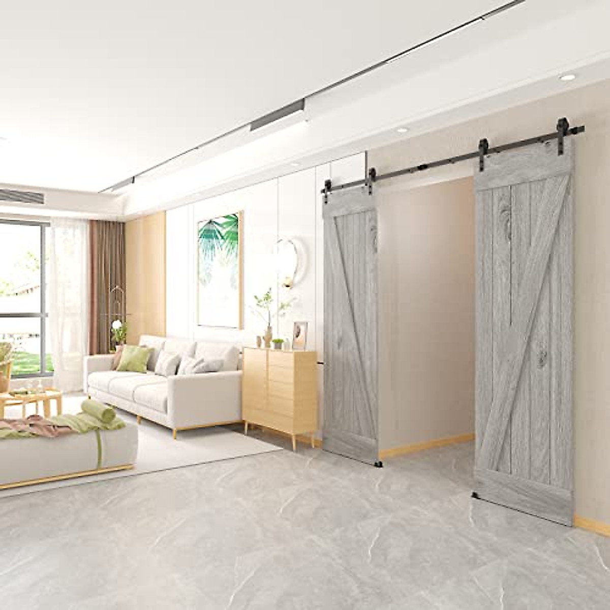 Dondelight 8FT Sliding Barn Door Hardware Track Kit for Double Door, Heavy Duty Modular Sliding Door Track Hardware Set for Interior & Exterior Door