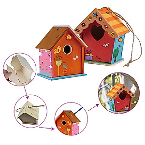 DIY Bird House Kit for Kids, Build Your Own Bird House Kit for Children, Includes 3 Unfinished Birdhouses to Paint and Build, Ropes, 12 Paints, Glitter Paint, and 2 Brushes, Arts and Craft Kids Set