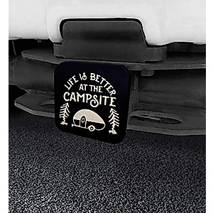 Camco Life is Better at The Campsite Hitch Receiver Cover | Protects Your Trailer Hitch Receiver from Debris, Dirt, Water and Rust | Life is Better at The Campsite Sketch Logo, Black/Silver (53410)