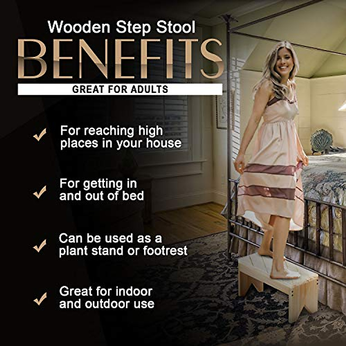 ﻿Wooden Step Stool for Adults & Kids - Very Sturdy, Bed Stool for High Beds, Kitchen, Bathroom, Closet. Made Lightweight Quality Eco Pine, Attractive & Easy to Assemble