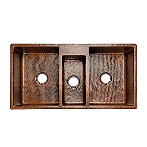 Premier Copper Products KTDB422210 42-Inch Hammered Copper Kitchen Triple Basin Sink, Oil Rubbed Bronze