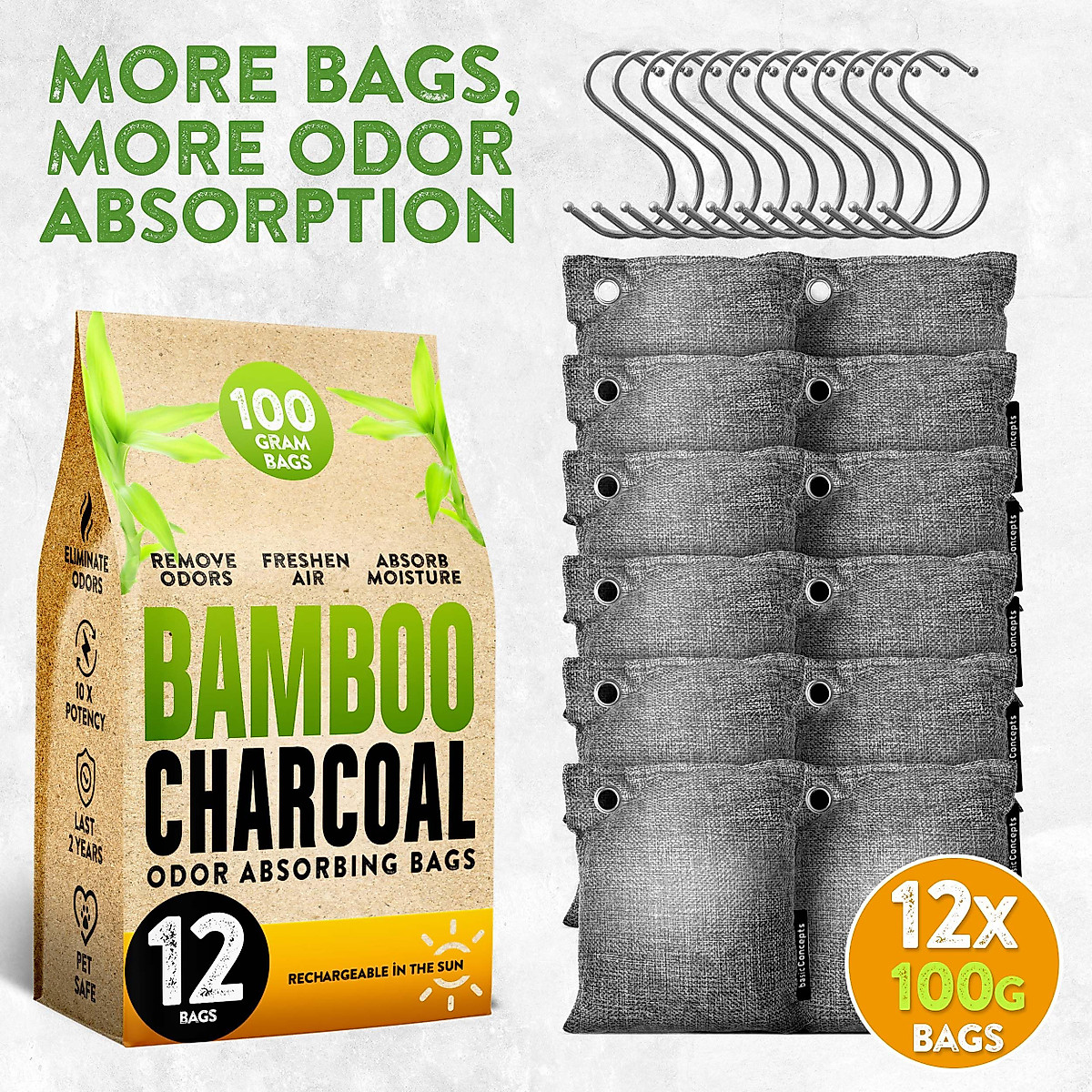 Nature Fresh Charcoal Bags Odor Absorber (Large, 4 Pack, 200g each), Reduce Odors Naturally with Bamboo Charcoal Air Purifying Bags for Car, Home, Closet, Shoe Deodorizer Eliminator Freshener Remover