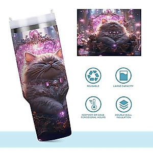 Slewiaeky Tumbler with Handle 40 oz Kitty Skinny Cat Travel Mug with Lid and Straw Purple Stainless Steel Vacuum Insulated Water Bottle Cup for Iced Tea Coffee Cold Beverages Cup Holder Friendly