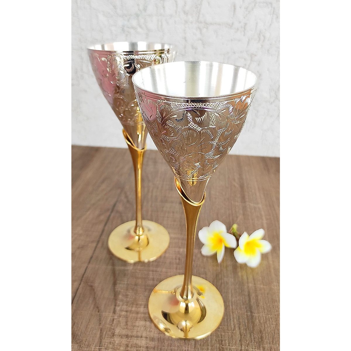 VIBRANIC Wine Glass Handmade Engraved Vintage Silver Plated Brass Champagne curved Fluted Wine Glass Pack of 2