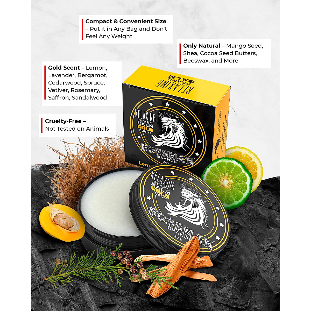 Bossman Relaxing Beard Balm - Beard Tamer, Relaxer, Thickener and Softener Cream - Beard Care Product - Made in USA (Gold Scent)