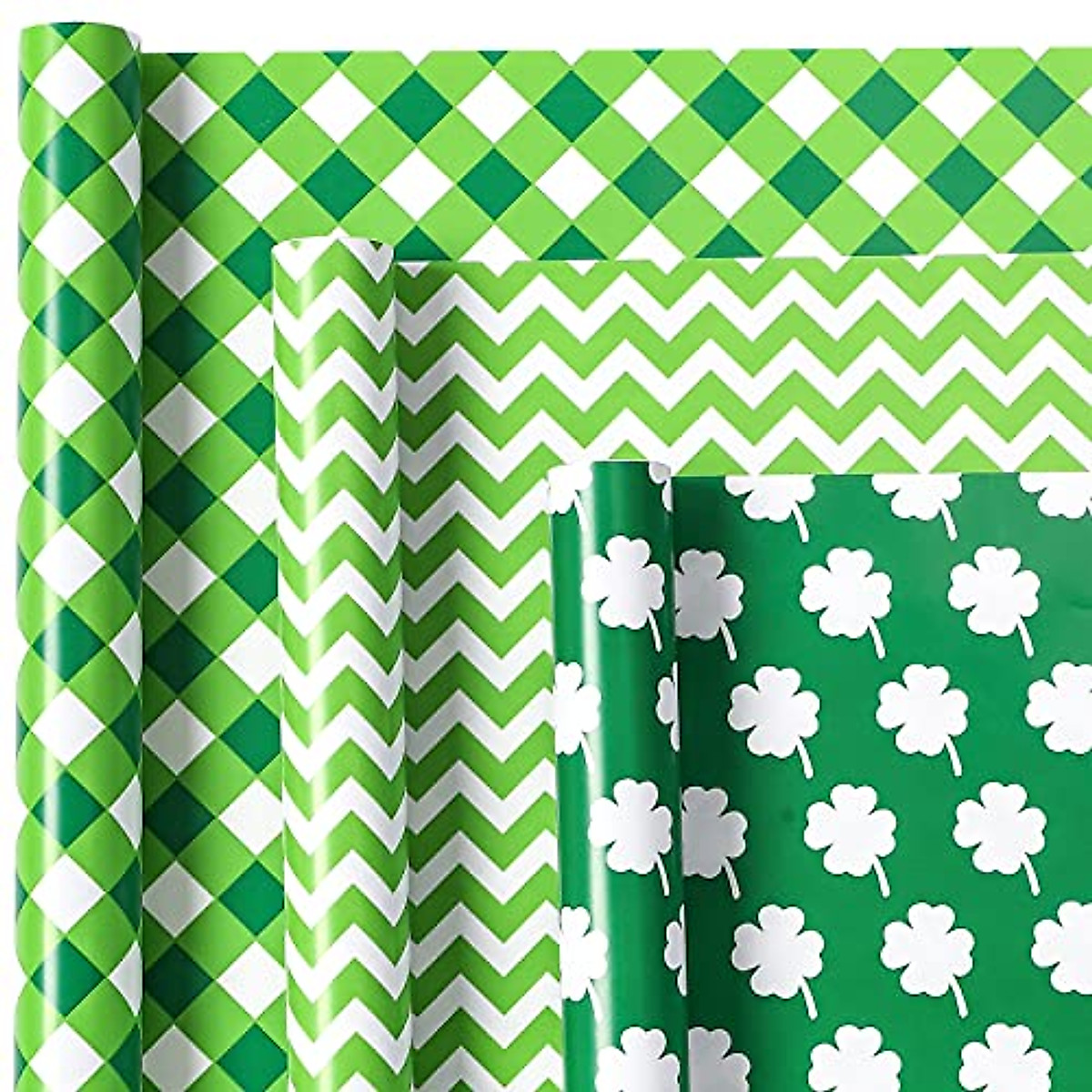 Packanewly Wrapping Paper Roll for St. Patrick Day - 17 inch x 120 inch (3-Pack, 42.3 sq.ft.ttl.) Mini Roll - Green Color Design with Geometry, Four-leaf Clovers，Wave