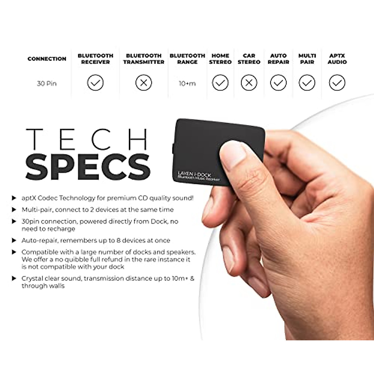 LAYEN i-Dock - Premium 30 Pin Bluetooth Adapter | Qualcomm CSR Chipset | aptX = Superior Wireless Audio | Multi-Pair | for Bose SoundDock & Other iPod iPhone Docking Stations (Not for Cars)