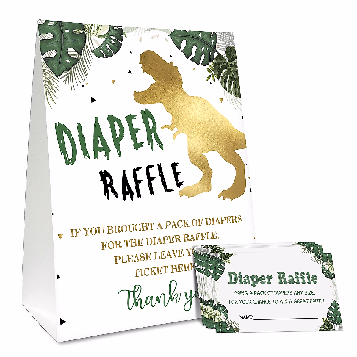 Diaper Raffle Baby Shower Game, 1 Standing Sign and 50 Tickets, Dinosaur Theme Gender Neutral For Boys or Girls, Bring A Pack of Diapers for Mom-To-Be, (031)