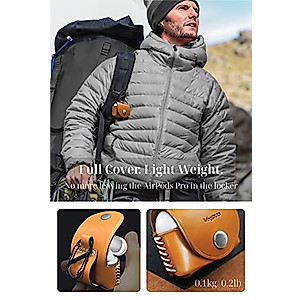 VogDUO Genuine Leather AirPods Pro Cover - Handcrafted Protective Case Anti-Lost Belt Loop with S Hook for Backpack, Compatible with Apple AirPod Pro/2 (Tan, Brown)