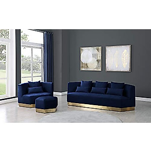 Meridian Furniture Marquis Collection Modern | Contemporary Velvet Upholstered Sofa with Stainless Steel Base in a Rich Gold Finish, 93" W x 38" D x 29" H, Navy