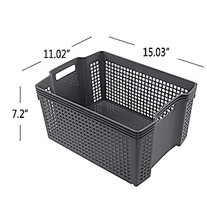 Rinboat 17 L Plastic Stacking Storage Baskets, Grey Stackable Storage Bin, 6-Pack