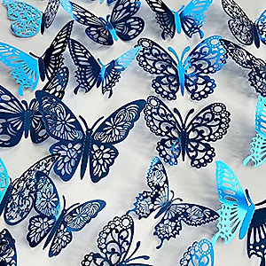 72Pcs Gold Silver Butterfly Wall Sticker Decal 3D Metallic Art Butterfly Mural Decoration DIY Flying Stickers for Kids Bedroom Home Party Nursery Classroom Offices Décor (Blue 1)