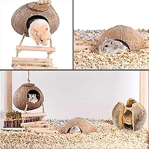 kathson Natural Coconut Hut Hamster Hiding House Pet Cave Small Animal Cage Habitat Decor Hanging Guinea Pig Toys with Ladder for Gerbils Rats Mice Playing Breeding 9PCS