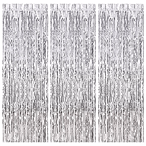 FYY (3 Pack 3.3 ft x 6.6 ft Metallic Tinsel Foil Fringe Curtains Party Decorations, Silver Birthday Backdrop Curtains for Party Wedding Holiday Engagement Bridal Shower Baby Shower Bachelorette
