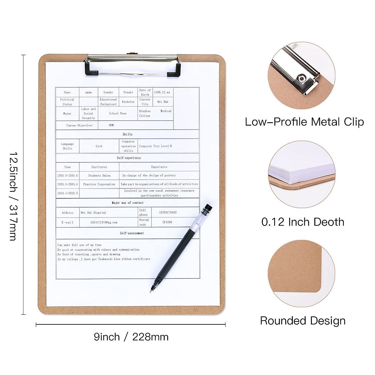 Hongri Hardboard Clipboard, Letter Size Wood Clipboard for Nurses, Lawyers, Students, Classroom, Office, Women, Man, A4 Standard Size 9" x 12.5", with Low-Profile Metal Clip, Brown