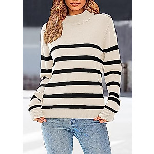 KIRUNDO Women's 2023 Fall Winter Long Sleeve Knit Sweater Turtleneck Striped Loose Pullover Tops Deco with Metal Buttons(White, Small)
