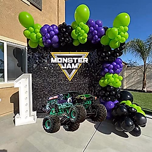Truck Theme Balloon Garland Arch Kit 150pcs Black Green Purple Balloon with Checkered Flag and Large Hot Wheel Balloon for Monster Theme Birthday Party Decorations (without backdrop)