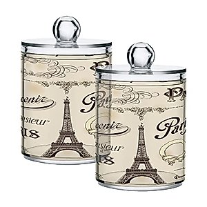 DOMIKING Paris Calligraphy 2 Pack Cotton Swab Holder Dispenser Plastic Jar Bathroom Storage Canister Acrylic Containers for Cotton Ball Cotton Swab Cotton Round Pads